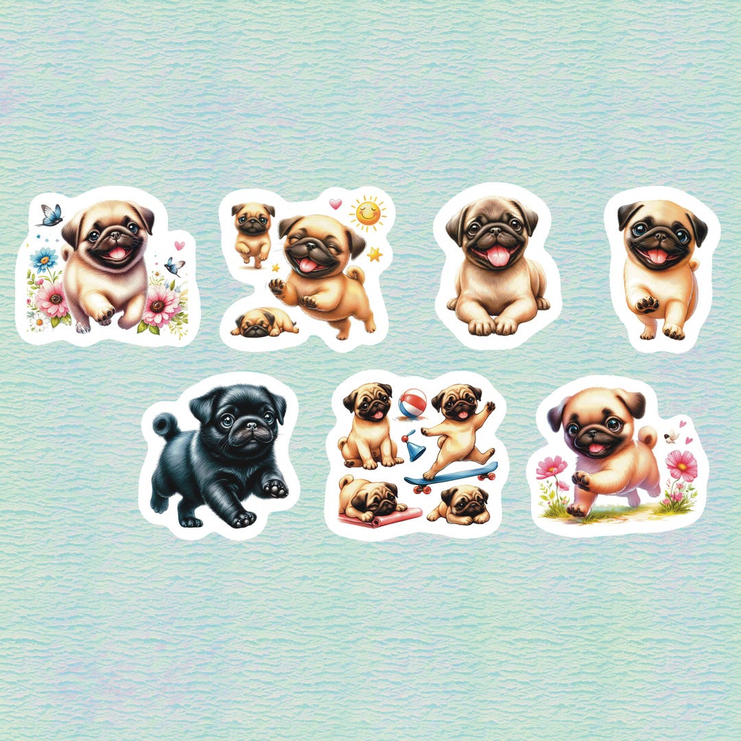 Pug Puppy Set of 21 Stickers, Sticker, Journal Sticker, Die Cut, Puppy ...