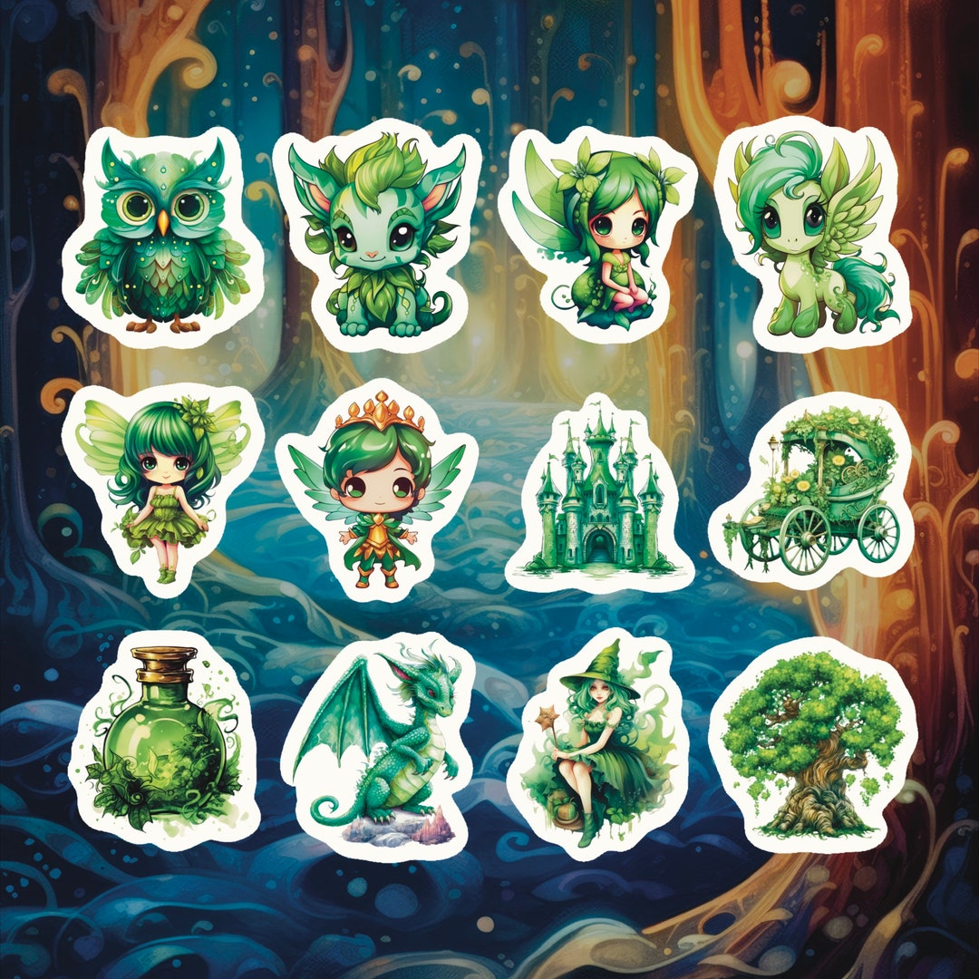 Green Mythical Stickers, Set of 24 Stickers, Mythical Sticker, Green ...