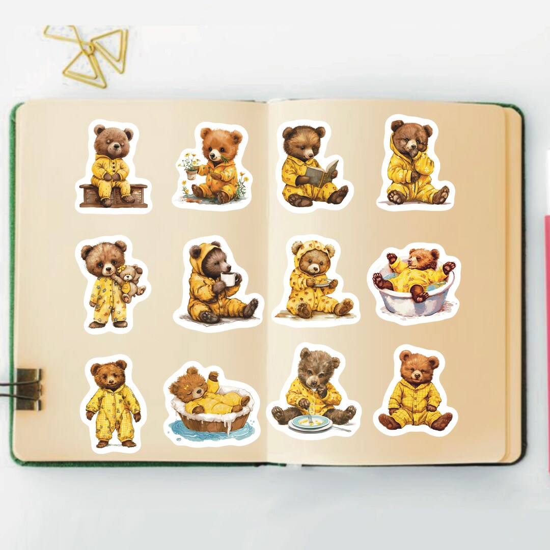 Yellow Playing Bear Stickers, Set of 24 Stickers, Nursery Stickers ...