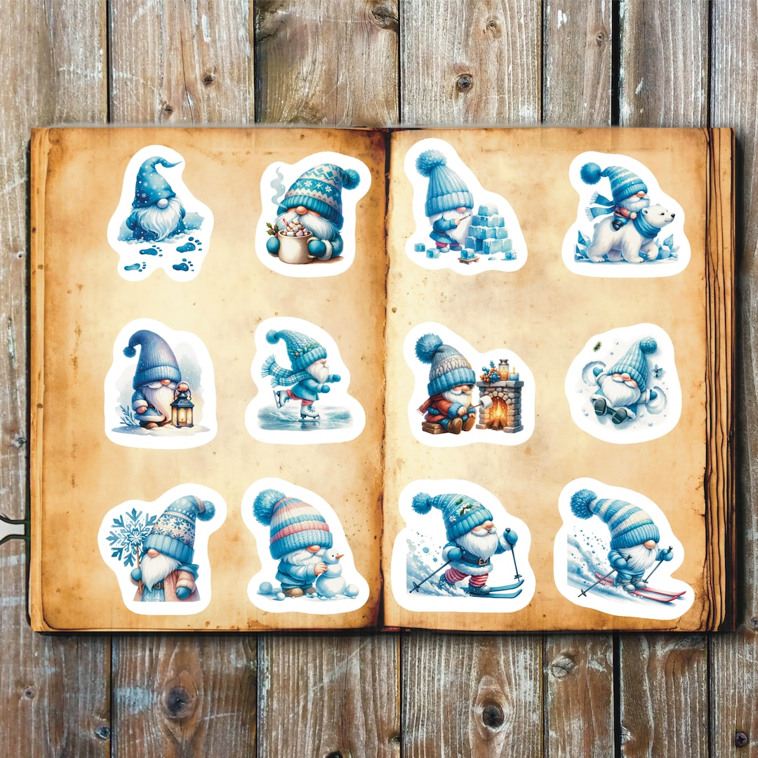 Winter Gnome Stickers, Set 24 Stickers, Blue Gnome Stickers, Gnome ...