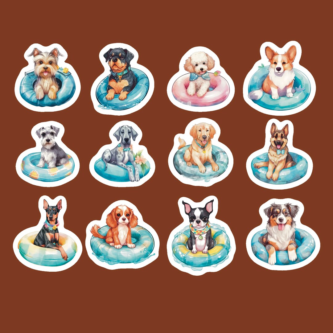 Dogs Swimming Stickers, Set of 24 Stickers, Dog Stickers, Swimming ...