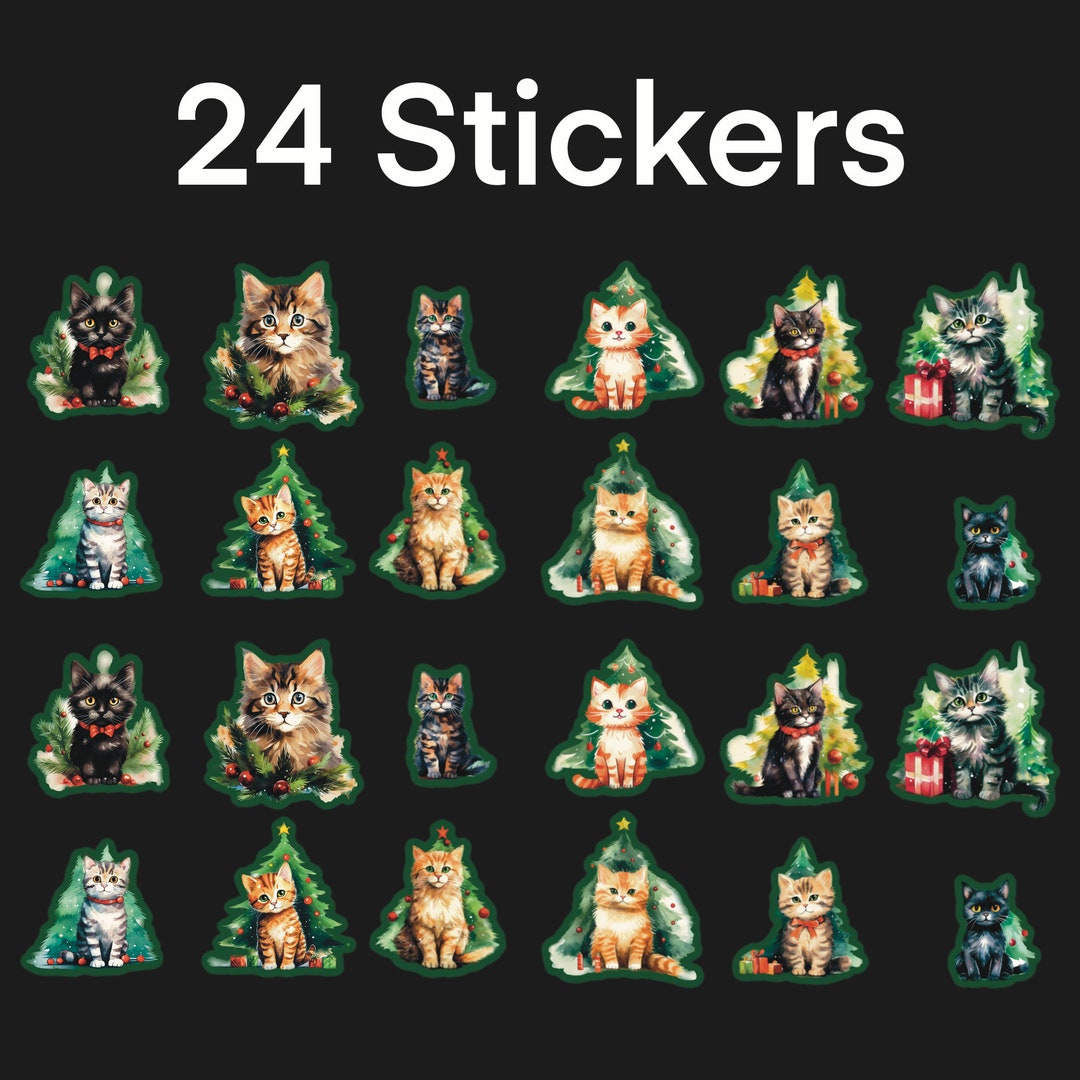Cat Christmas Stickers, Set of 24 Stickers, Christmas Stickers ...