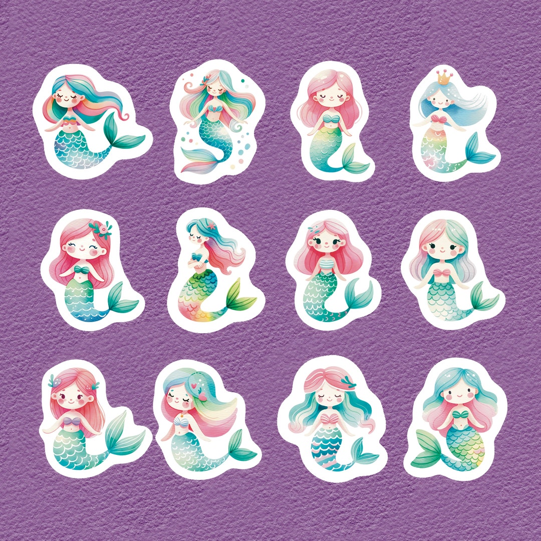 Pastel Mermaid Stickers, Set of 24 Stickers, Colorful Mermaid Stickers ...