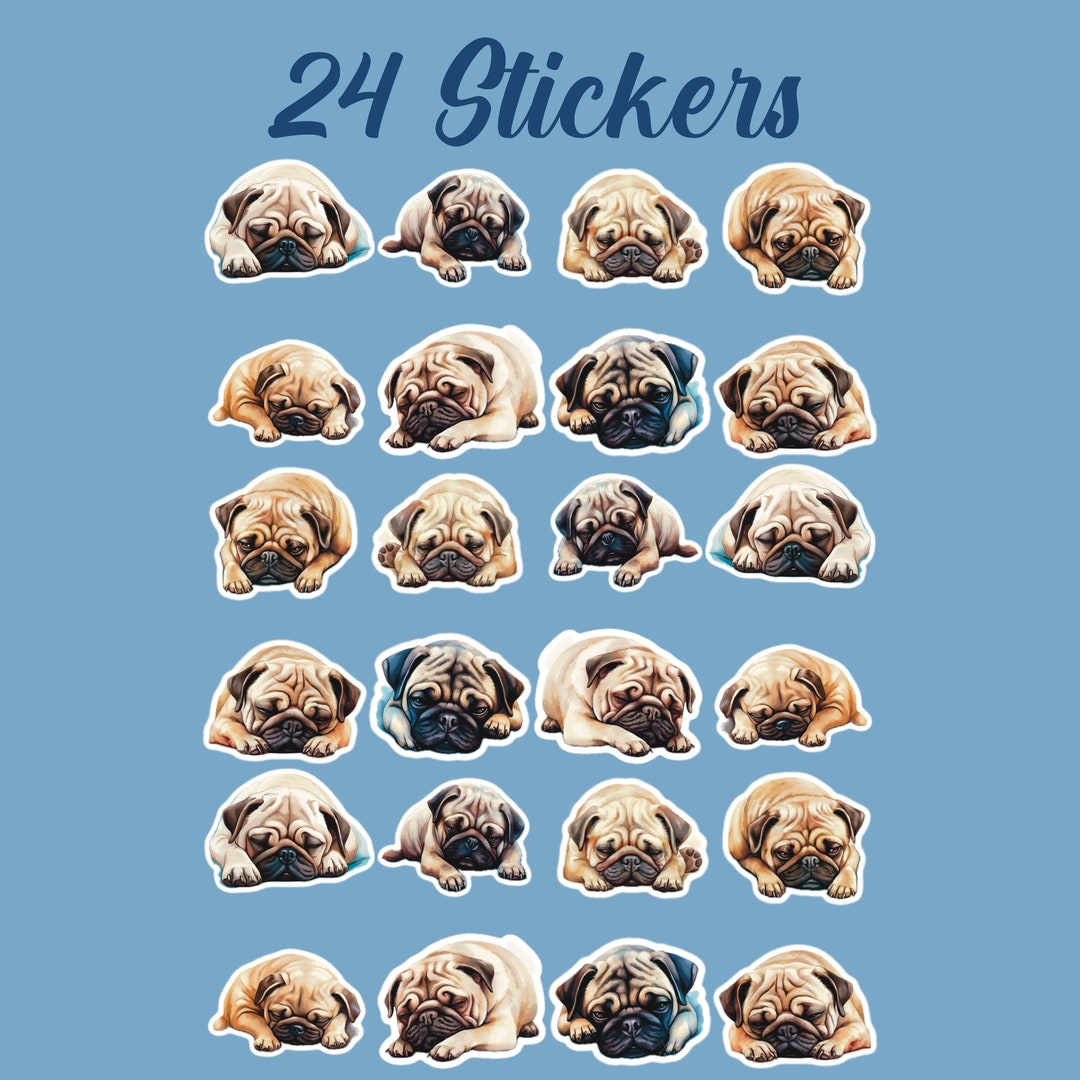 Pug Stickers, Set of 24 Stickers, Sleeping Sticker, Dog Sticker ...