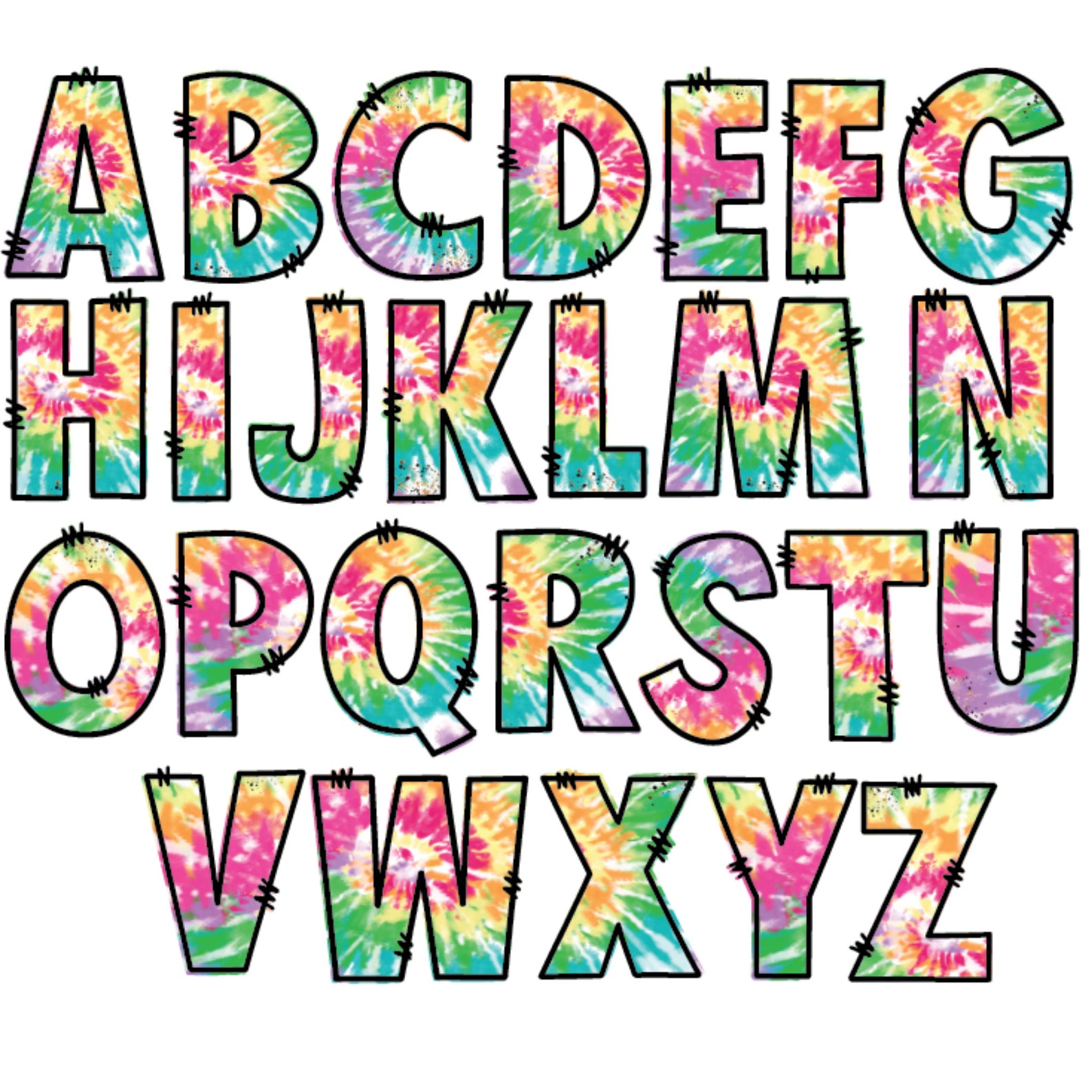 Tye Dye Doodle Letters PNG With Doodle Outline Hippie Font - Etsy