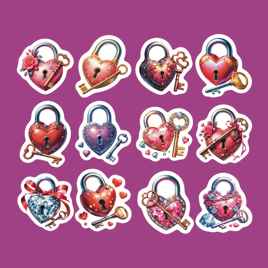 Heart Lock and Key Stickers, Set of 24 Stickers, Valentine Sticker ...