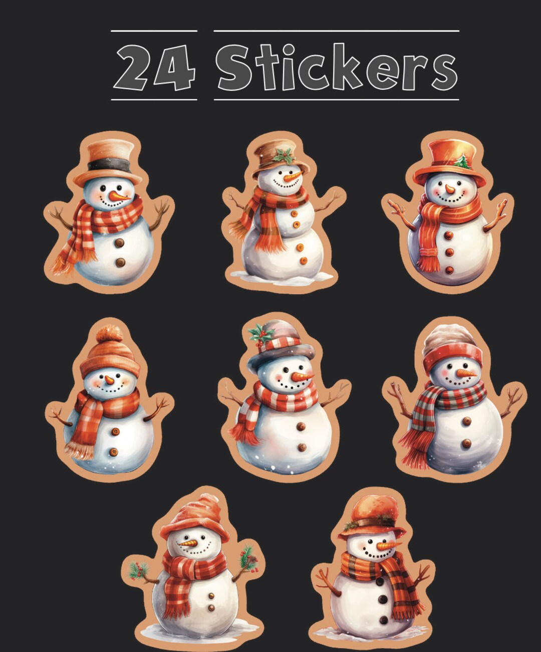Orange Snowmen Stickers, Set of 24 Stickers, Christmas Stickers ...