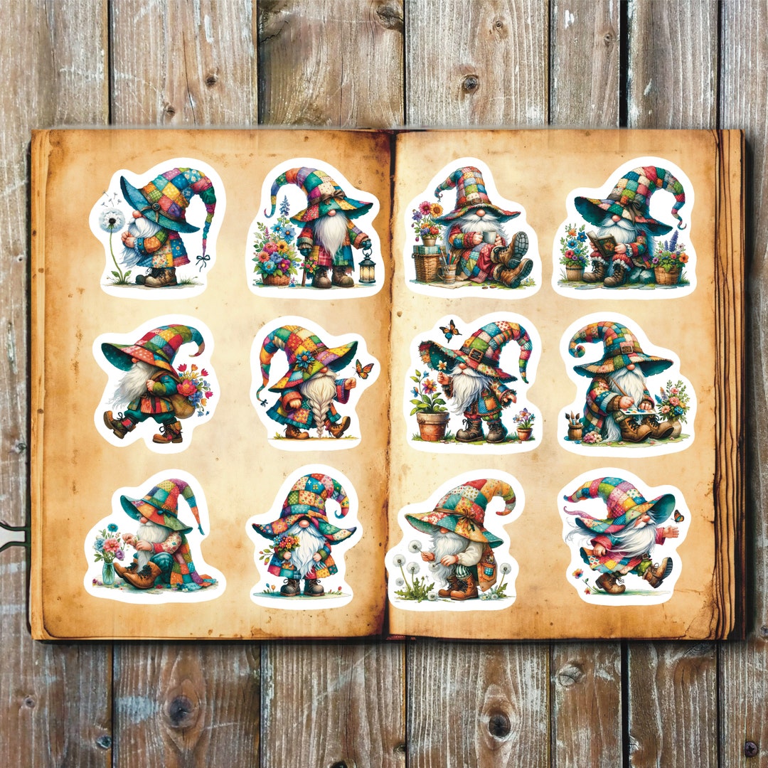 Patchwork Gnome Stickers, Set 24 Stickers, Colorful Gnome Stickers ...