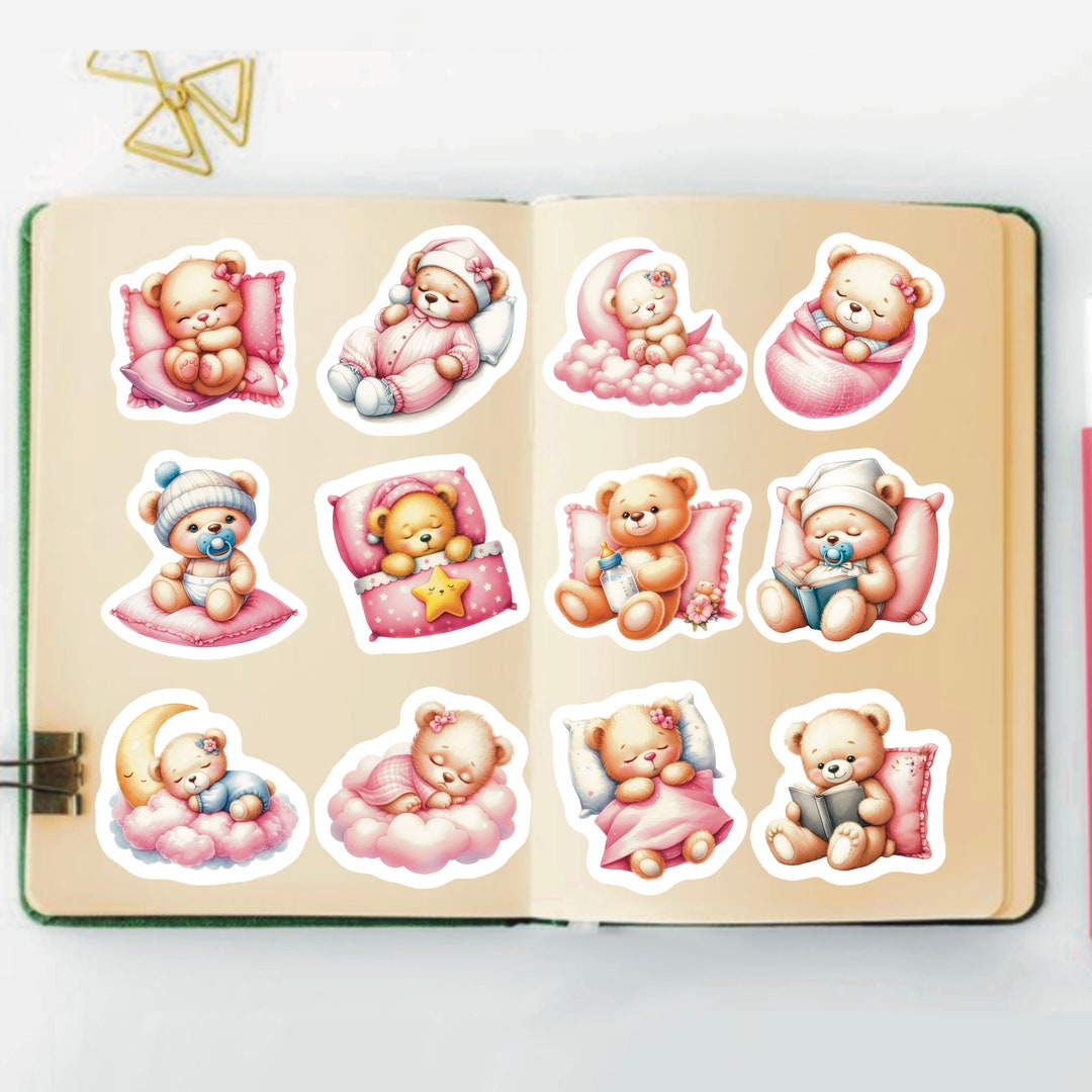 Girl Bedtime Bear Stickers, Set of 24 Stickers, Teddy Bear Stickers ...