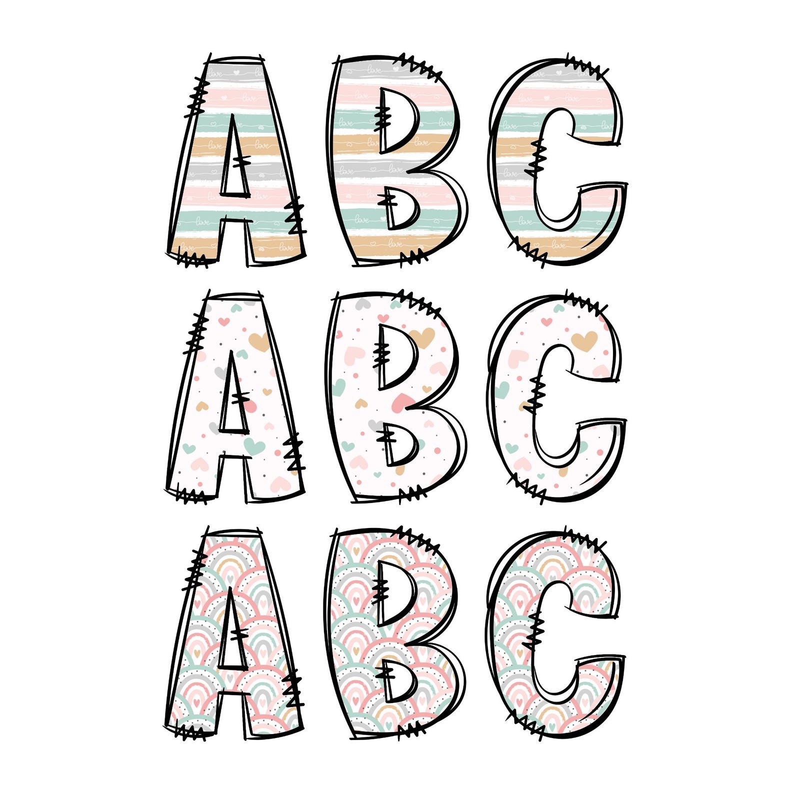 Rainbow Doodle Letters PNG With Doodle Outline, Heart Clipart Alphabet ...