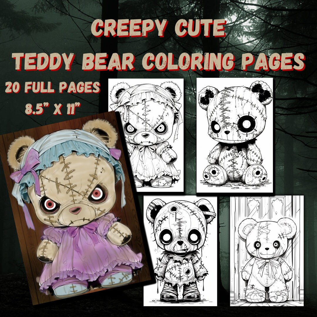 Cute and Creepy Teddy Bear Coloring Pages: Teddybear Adult Coloring ...
