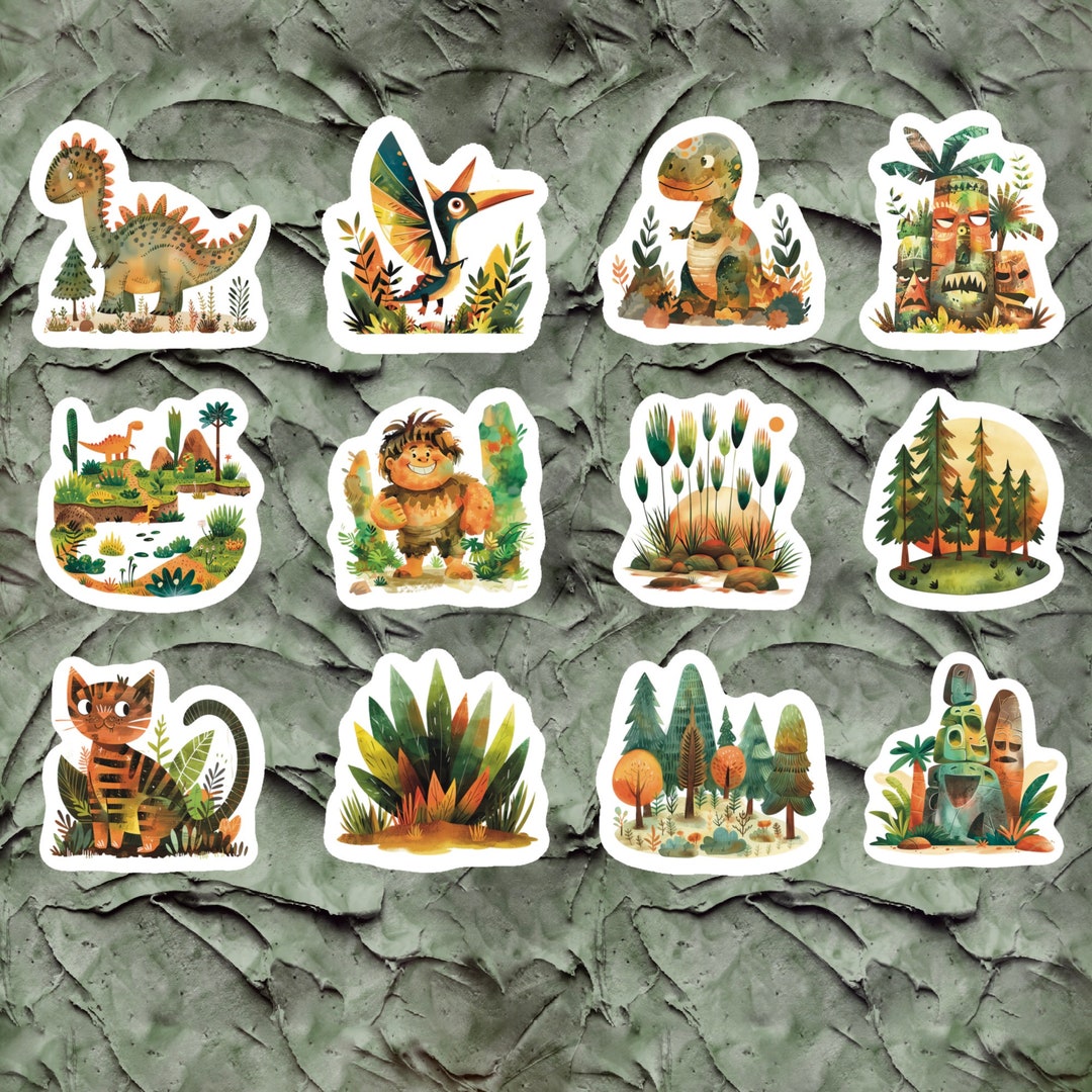 Caveman Stickers, Set of 24 Stickers, Dinosaur Stickers, Animal ...