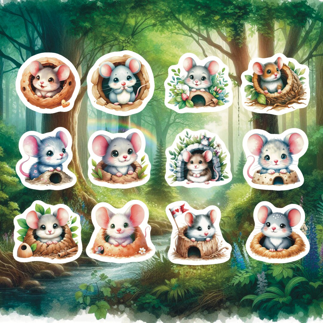 Mice in A Nest Stickers, Set of 24 Stickers, Mice Stickers, Mouse ...