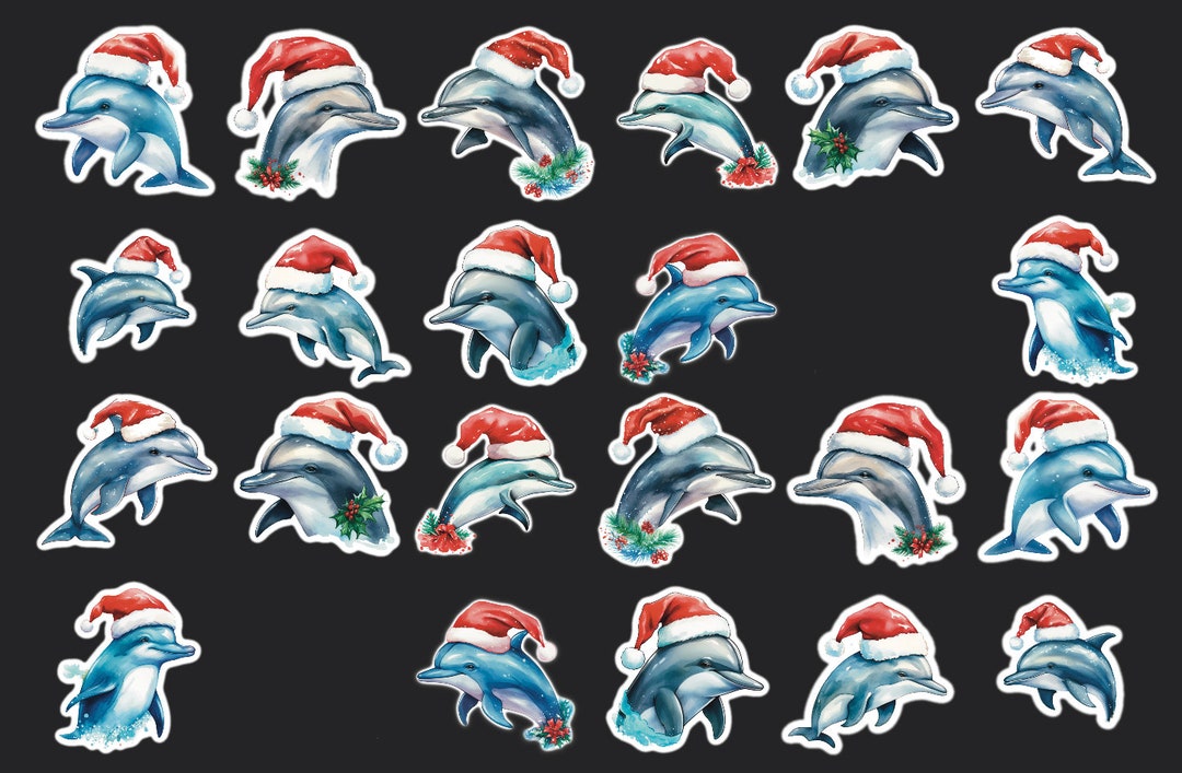 Dolphin Stickers, Set of 22 Stickers, Christmas Stickers, Dolphin Santa ...