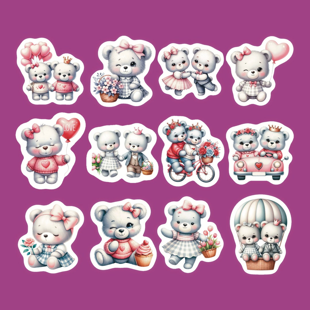 Teddy Bears in Love Stickers, Set of 24 Stickers, Valentine Sticker ...