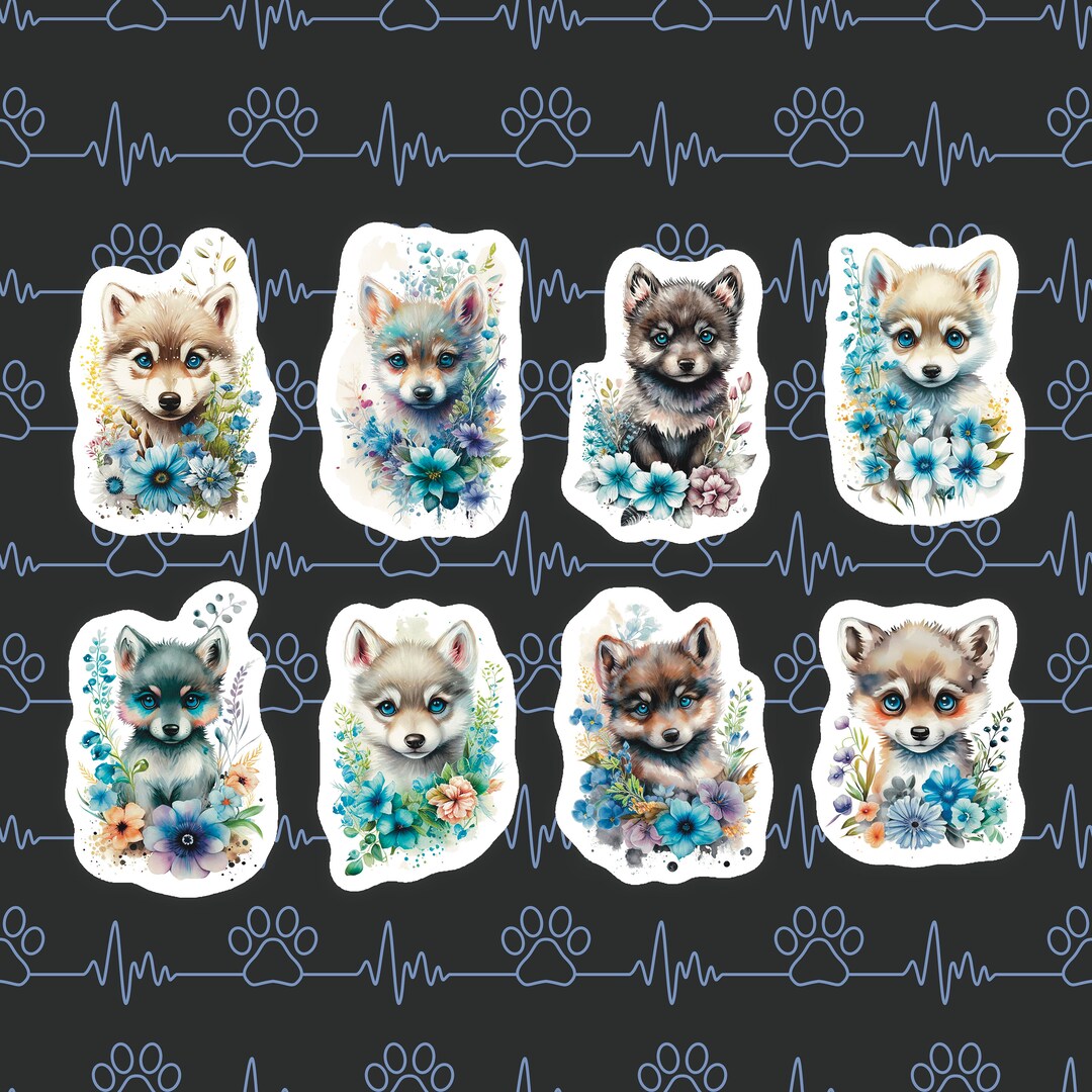 Wolf Cub in Flowers Stickers, Set of 24 Stickers, Cub Stickers, Wolf ...