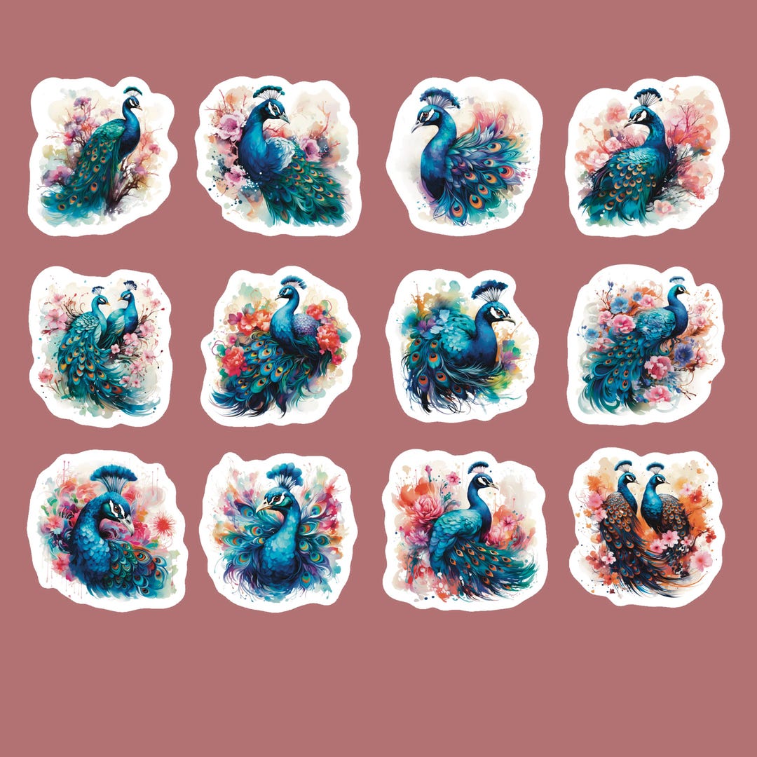 Peacock Stickers, Set 24 Stickers, Scrapbook Stickers, Journaling ...