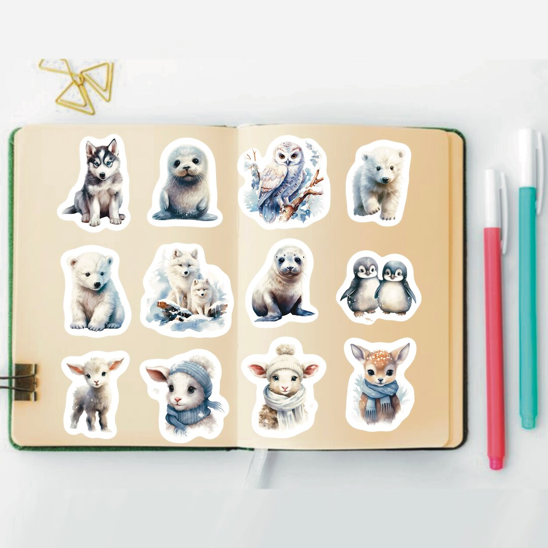 Animal Stickers, Set of 24 Stickers, Wolf, Snow Owl Polar Bear, Artic ...