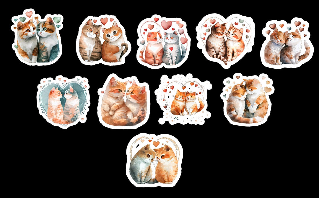 Kawaii Couple Cat Stickers, Set of 20 Stickers, Sticker, Journal ...