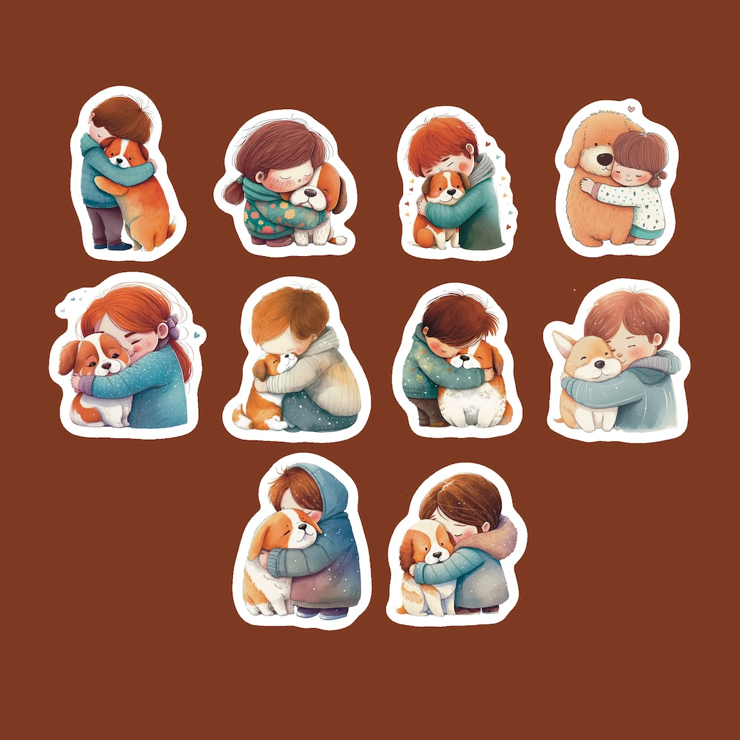 Kids Hugging Dogs Stickers, Set of 20 Stickers, Dog Stickers, Hugging ...