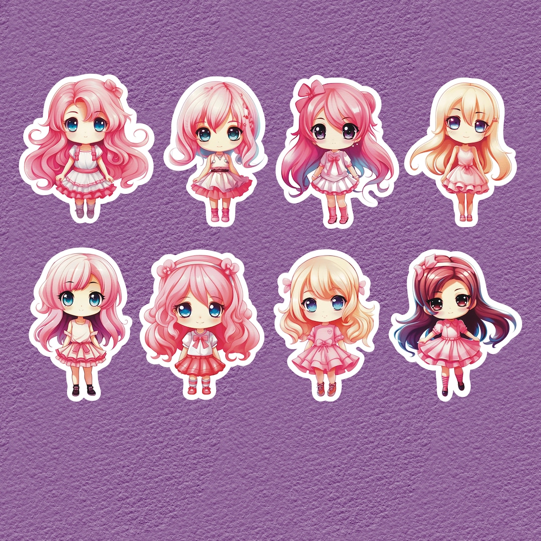 Pink Anime Girl Stickers, Set of 24 Stickers, Pink Girl Stickers, Anime ...