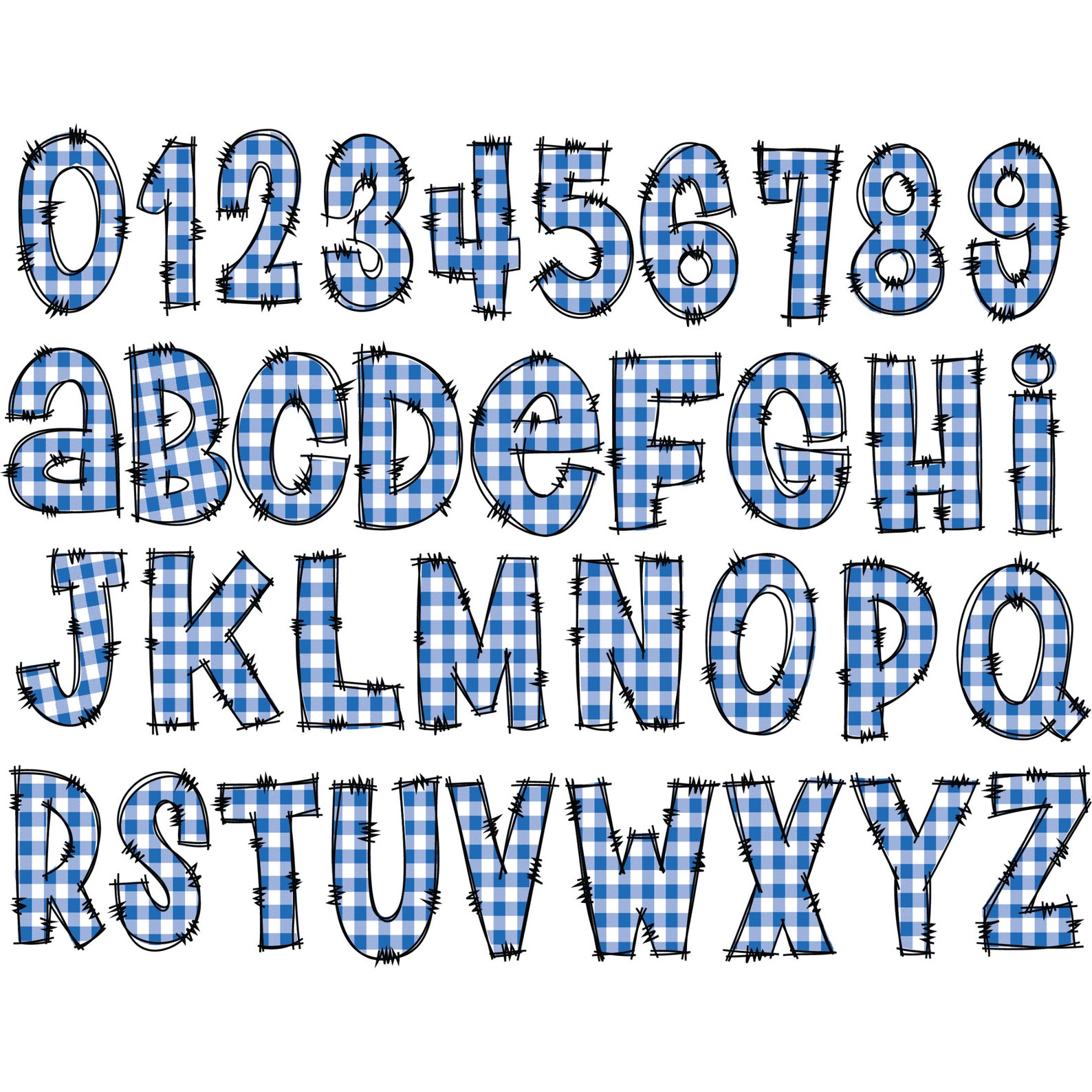 Blue Gingham Doodle Letters PNG With Doodle Outline Plaid - Etsy