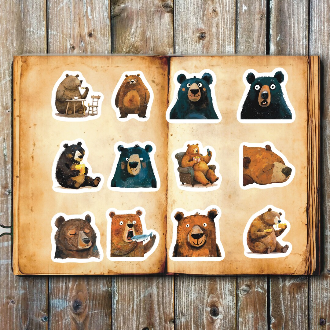Funny Bear Stickers, Set of 24 Stickers, Bear Stickers, Comical Bear ...