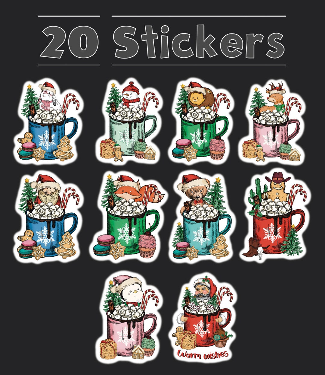 Hot Chocolate Stickers, Set of 20 Stickers, Christmas Stickers, Cup ...