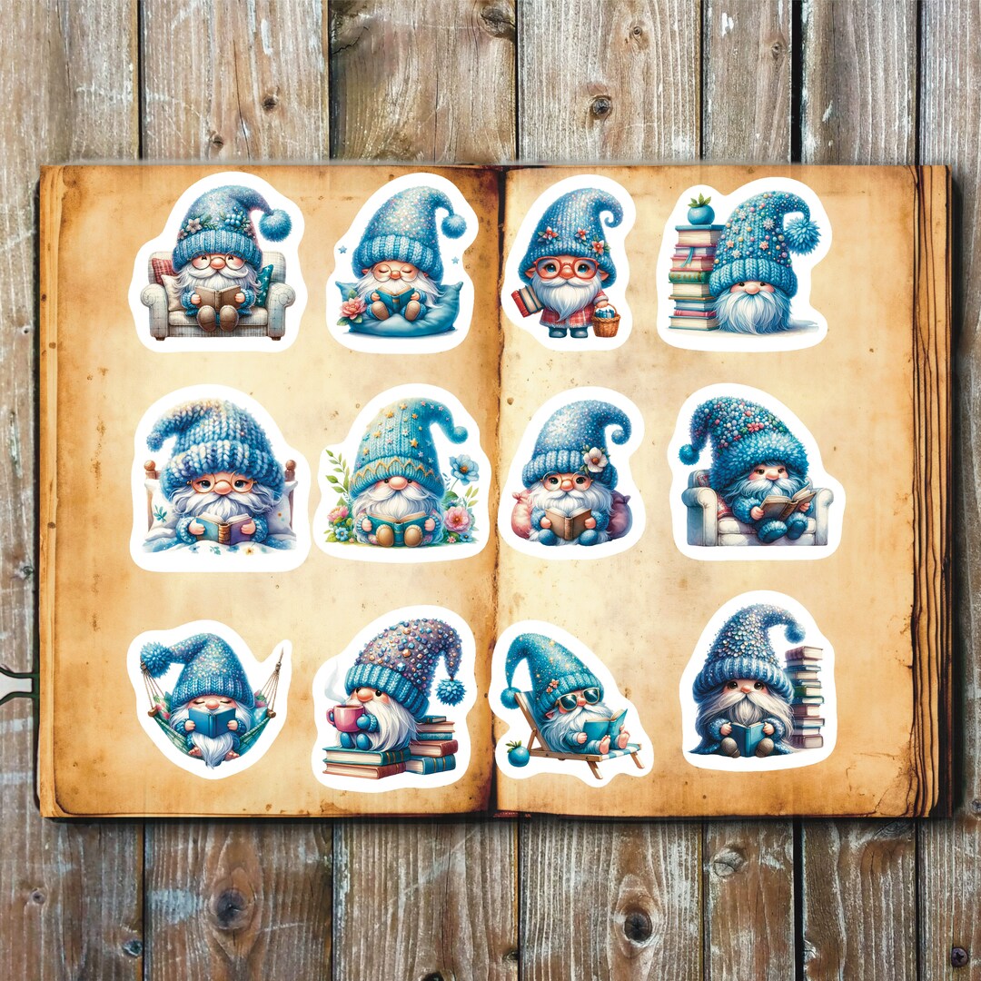 Reading Gnome Stickers, Set of 24 Stickers, Blue Gnome Stickers, Gnome ...