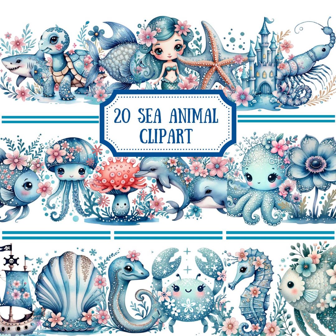 20 PNG Ocean Clipart | Cute Sea Animals| Digital Download | High-res ...