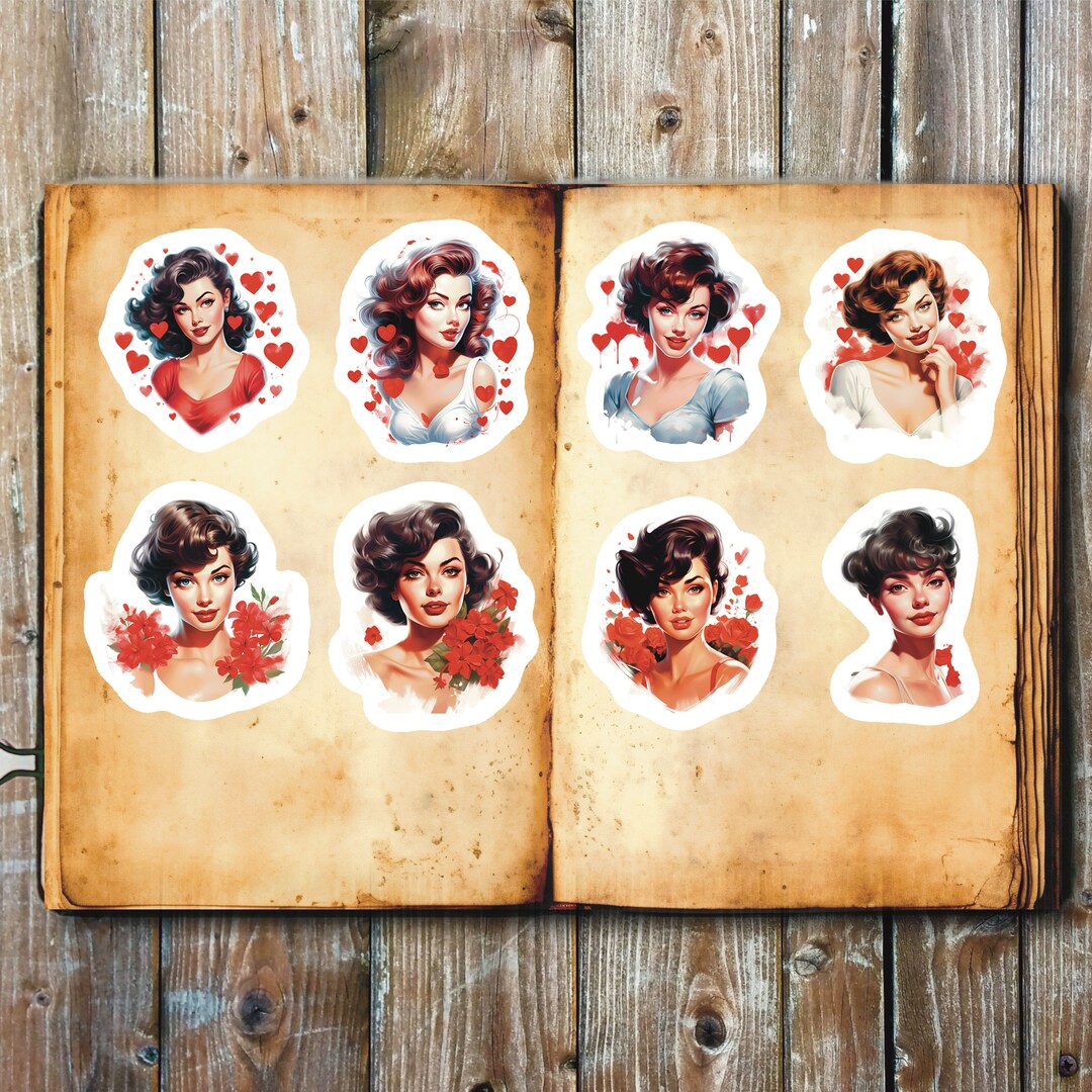 Vintage Woman Stickers, Set 24 Stickers, Woman Stickers, Brunette Women ...
