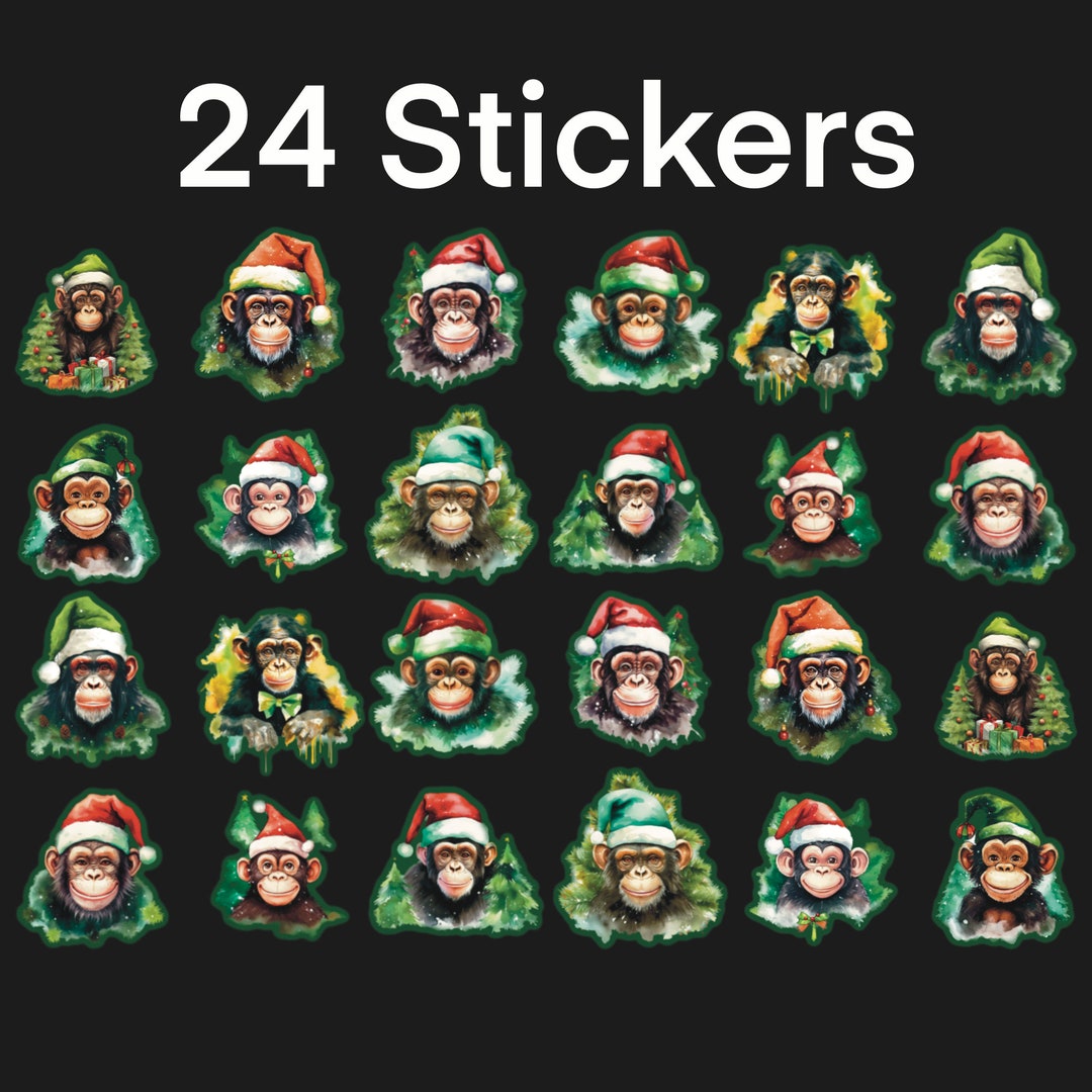 Chimpanzee Christmas Stickers, Set 24 Stickers, Christmas Stickers ...