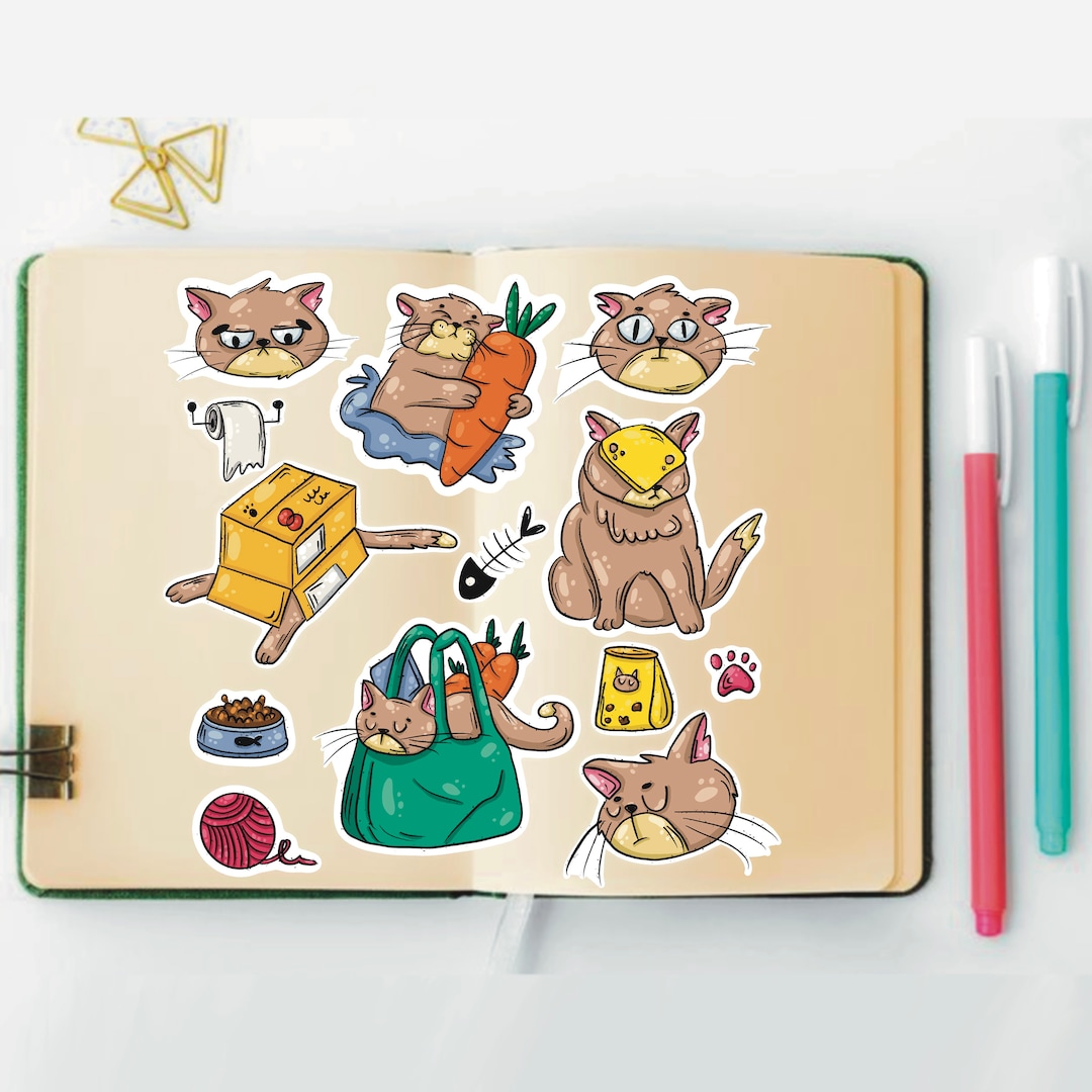Cartoon Cat Stickers, Set of 26 Stickers, Funny Cat Stickers, Cat ...