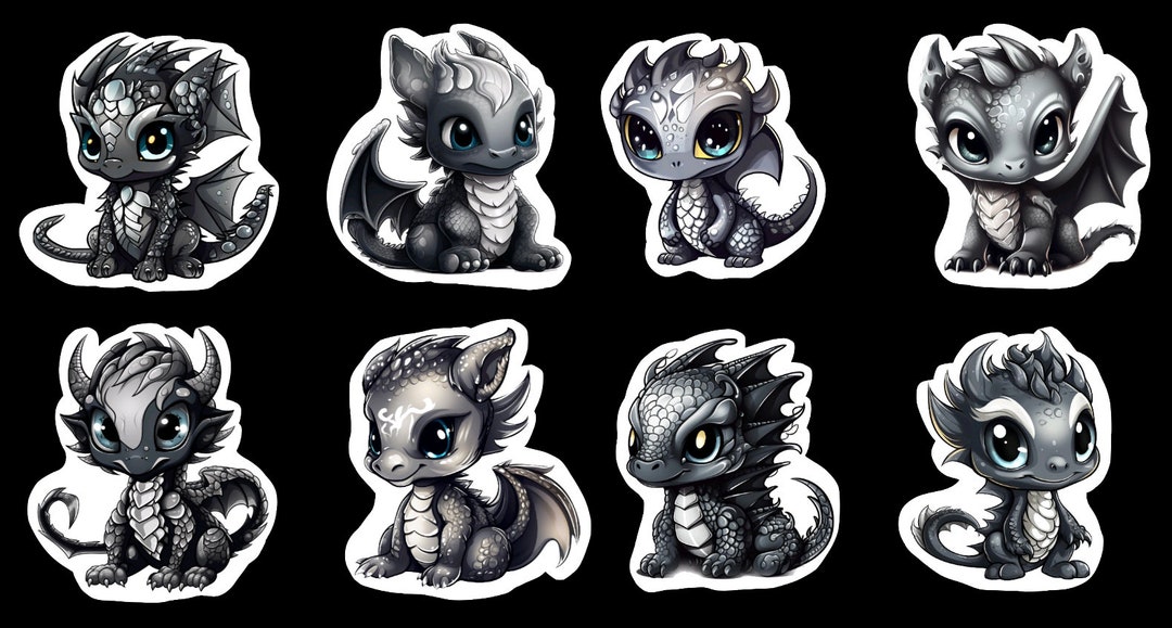 Kawaii Black and Silver Dragon, Set of 24 Stickers, Sticker, Journal ...