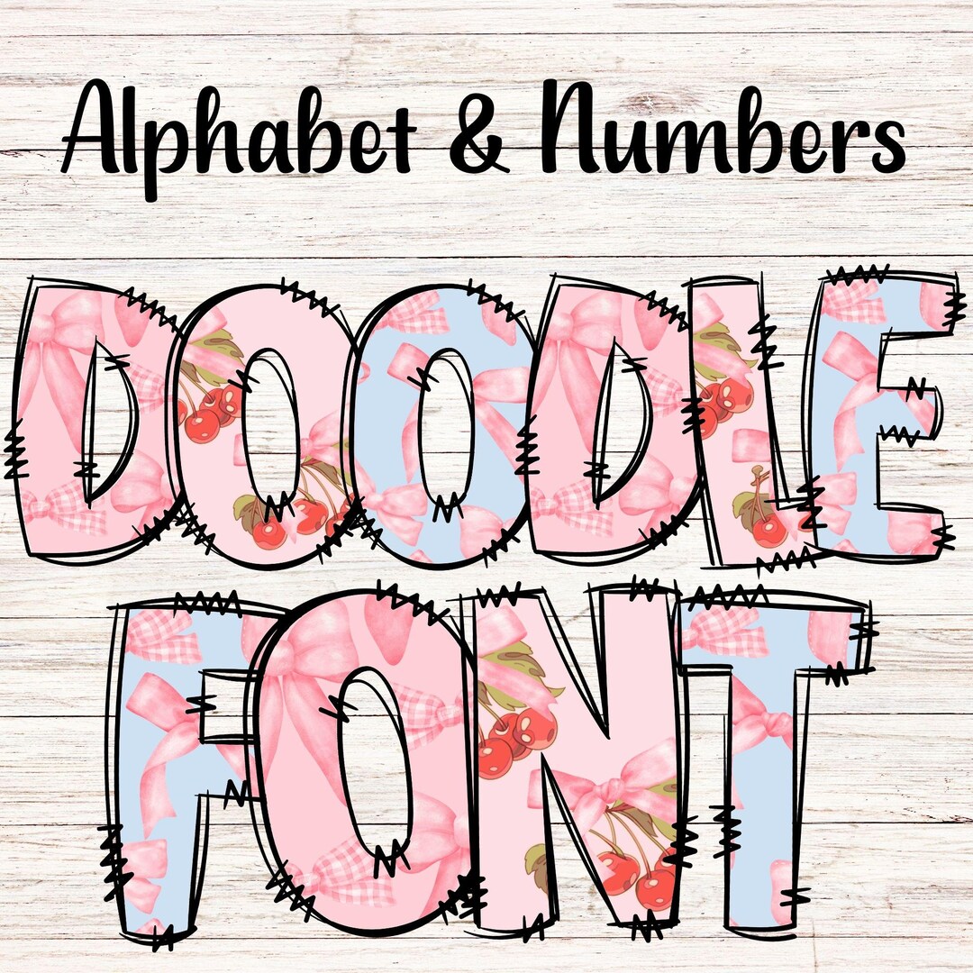 Couquette Doodle Letters PNG With Doodle Outline, Cherry Clipart ...