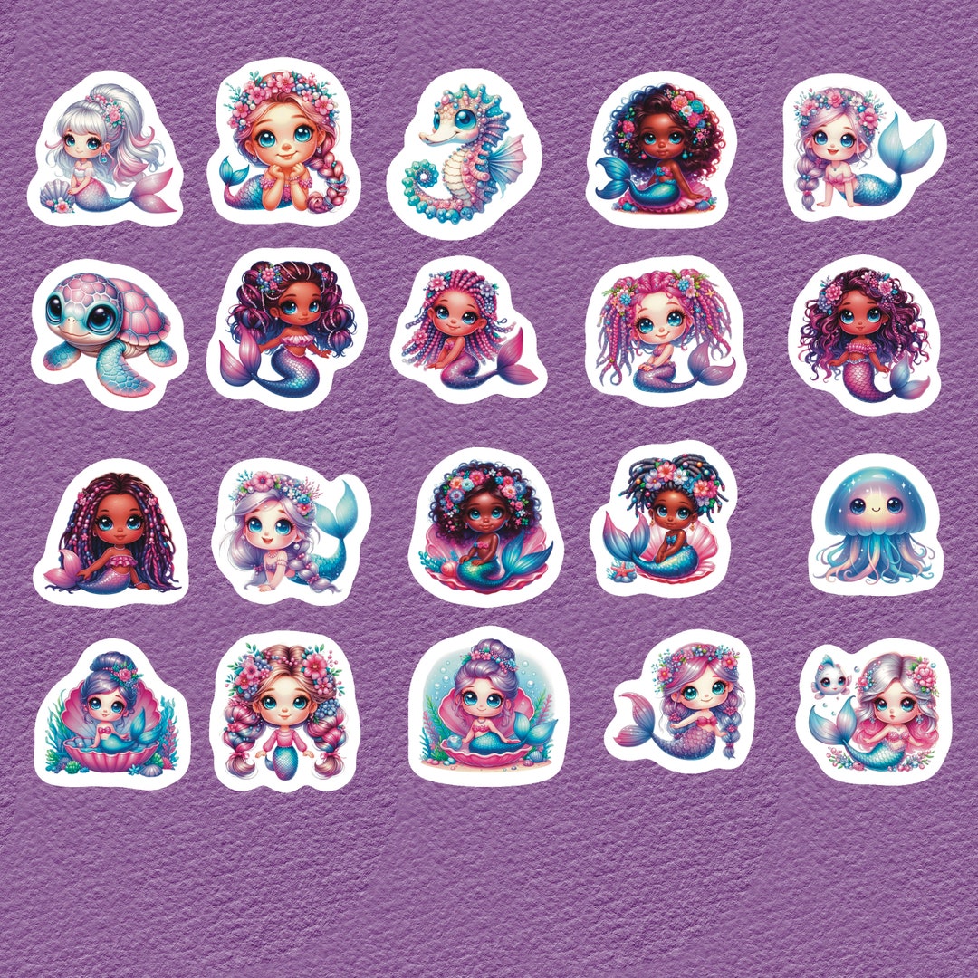 Pretty Mermaid Stickers, Set of 20 Stickers, Colorful Mermaid Stickers ...