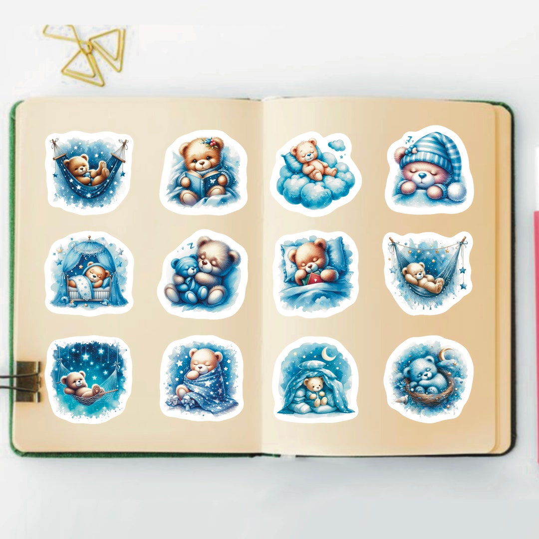 Sleeping Blue Teddy Bear Stickers, Set of 24 Stickers, Nursery Stickers ...