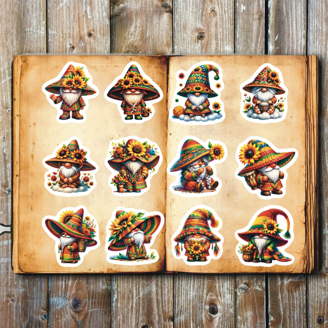 Sunflower Gnome Stickers, Set of 24 Stickers, Floral Gnome Stickers ...