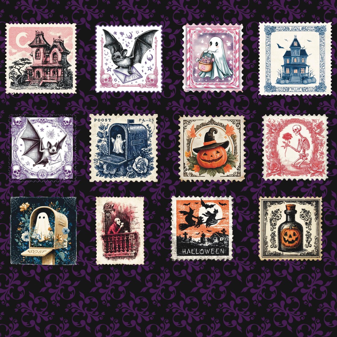 Postage Stamp Stickers, Set of 24 Stickers, Spooky Sticker, Halloween ...