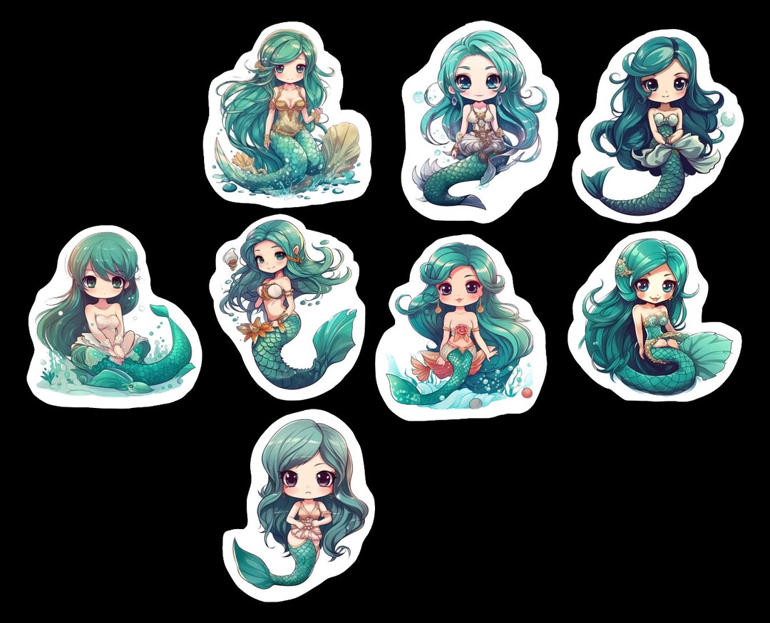 Anime Mermaids, Set 24 Stickers, Sticker, Die Cut Sticker, Watercolor ...