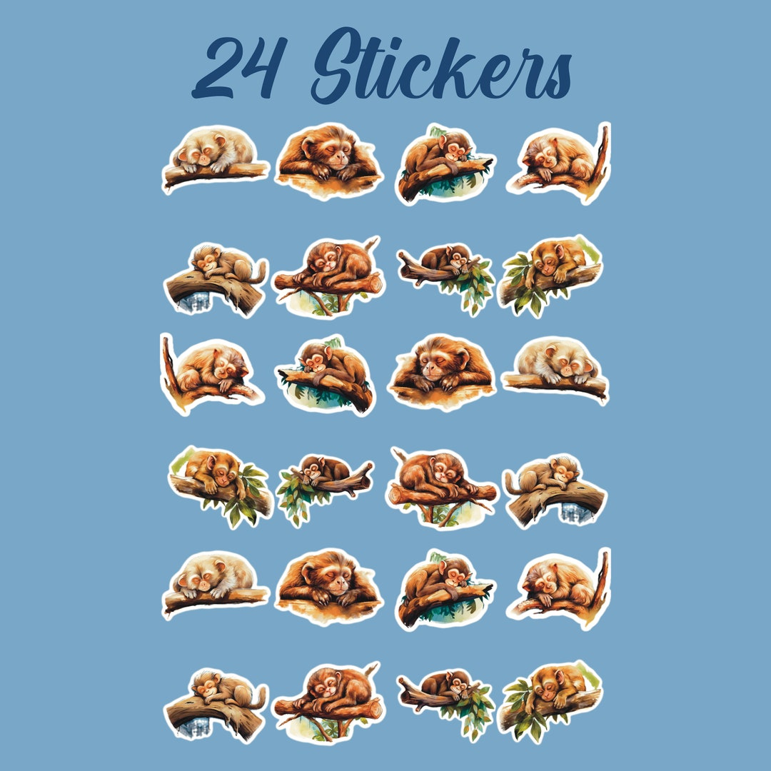 Monkey Stickers, Set of 24 Stickers, Sleeping Sticker, Sleeping Monkey ...