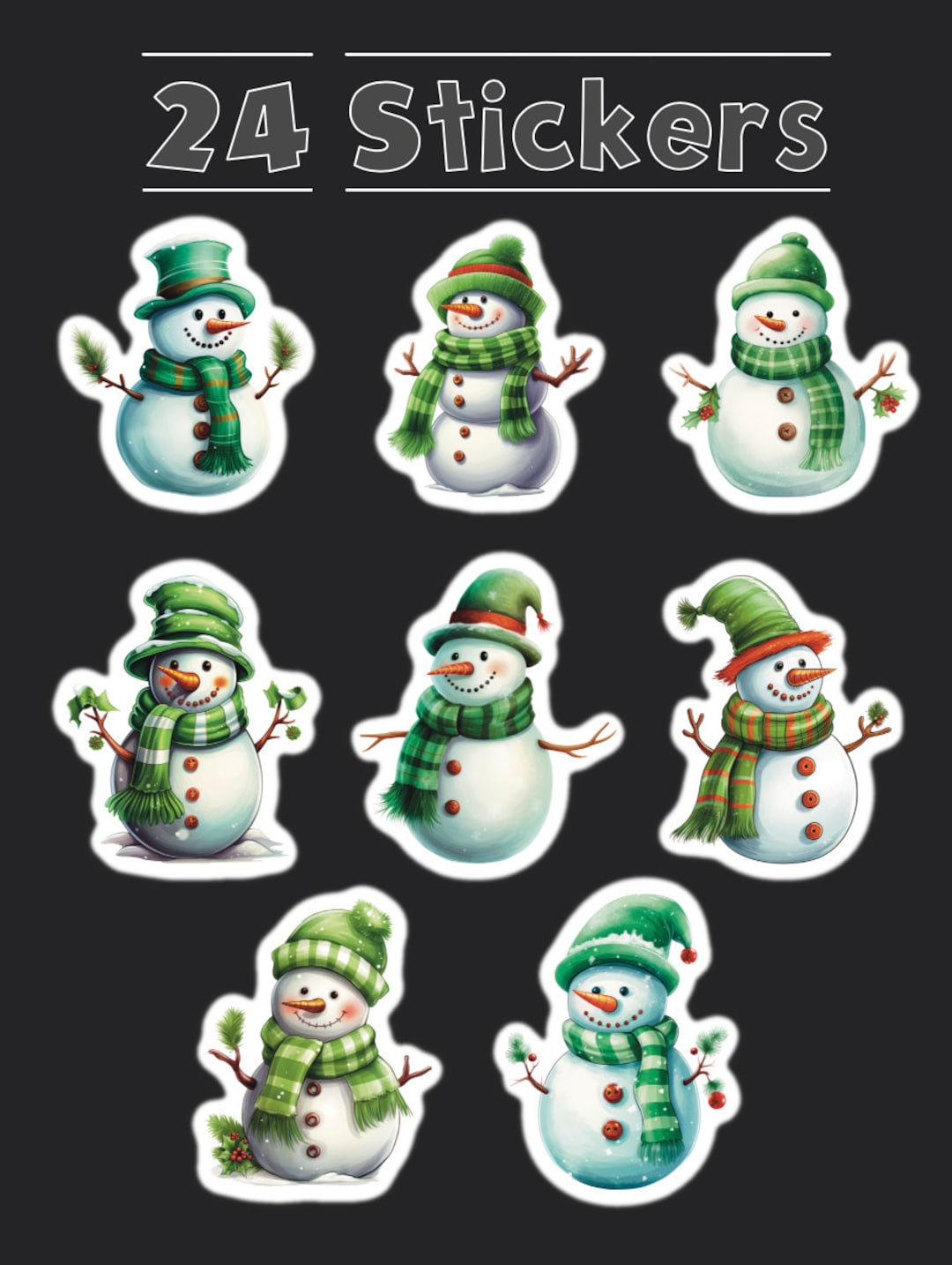 Snowmen Stickers, Set of 24 Stickers, Christmas Stickers, Green Snowmen ...