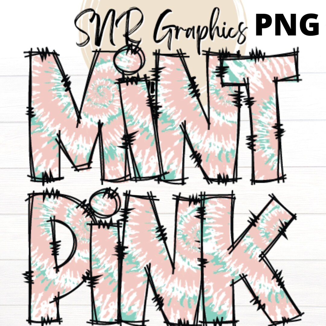 Mint, & Pink Tie Dye Doodle Letter PNG With Doodle Outline, Hippie Font ...