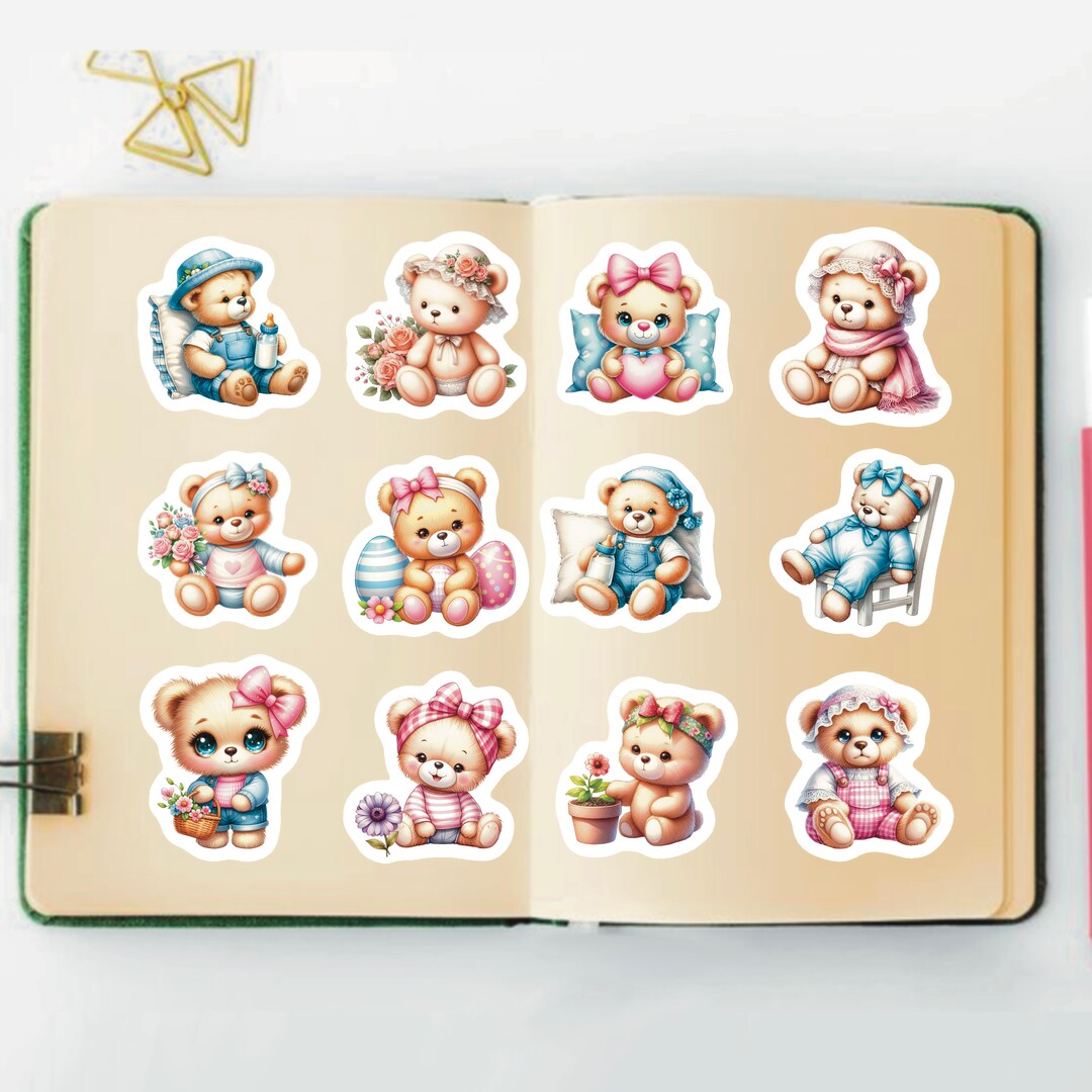 Boy & Girl Bear Stickers, Set 24 Stickers, Baby Bear Stickers, Bear ...