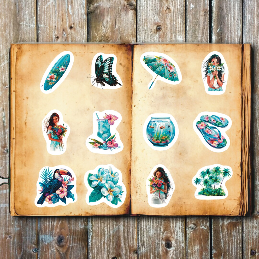 Hawaiian Stickers, Set of 24 Stickers, Floral Stickers, Blue Floral ...