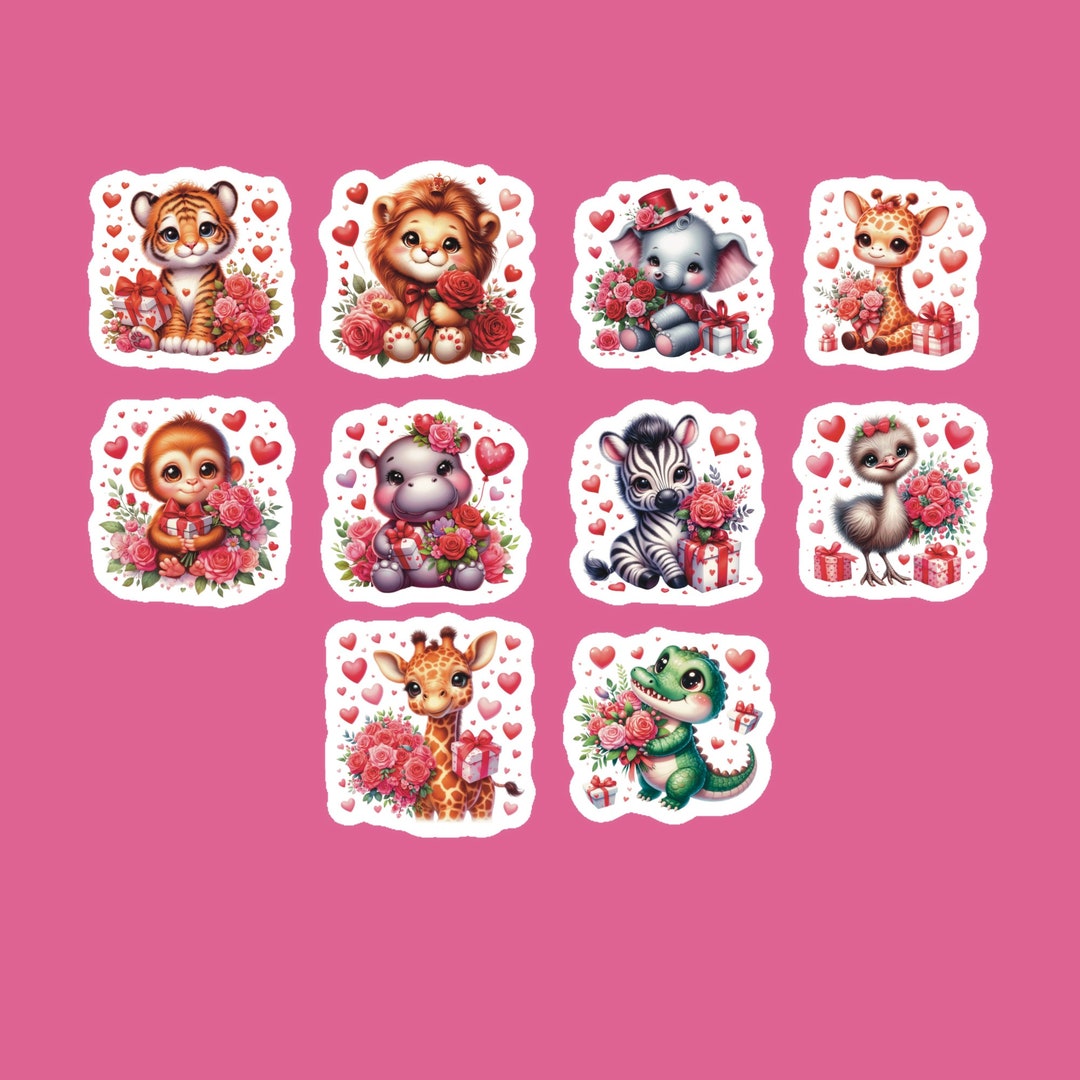 Valentine Safari Animal Stickers, Set of 20 Stickers, Valentine Sticker ...