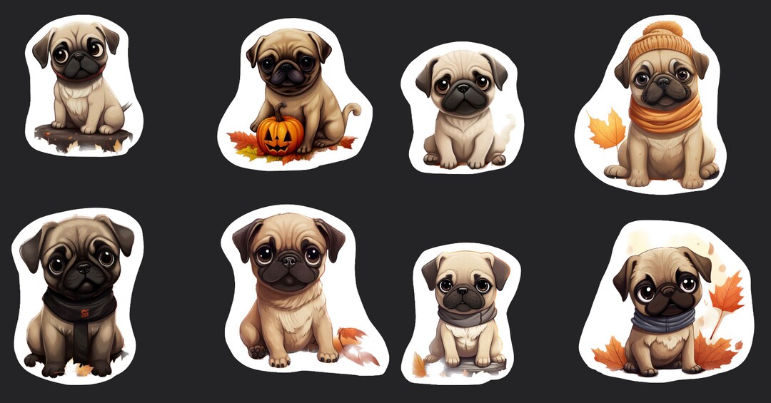 Fall Pug Dog Stickers, Set of 24 Stickers, Dog Sticker, Journal Sticker ...
