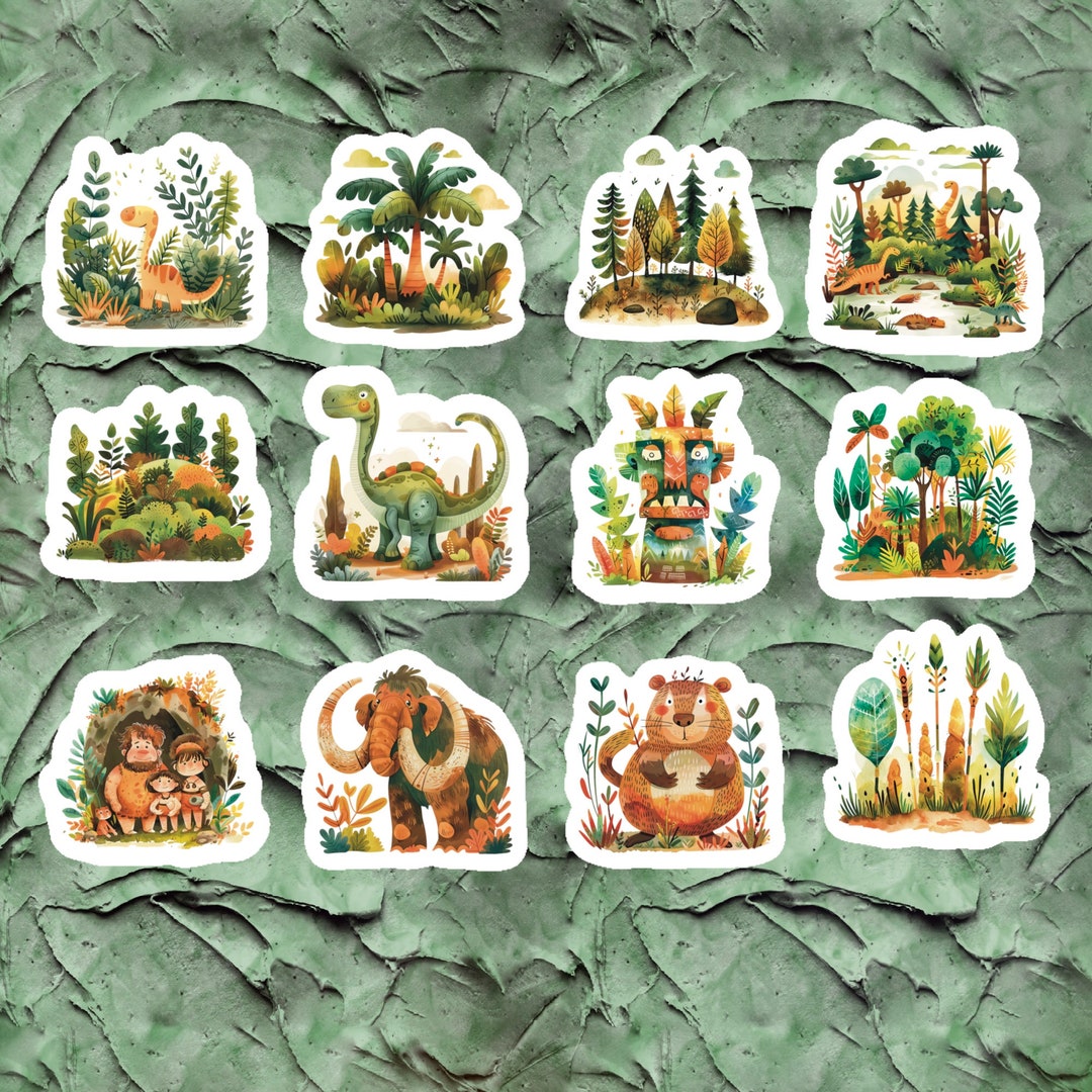 Caveman Stickers, Set of 24 Stickers, Dinosaur Stickers, Animal ...