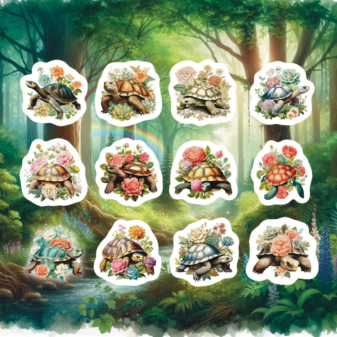 Turtle Stickers, Set of 24 Stickers, Tortoise Stickers, Turtles, Floral ...