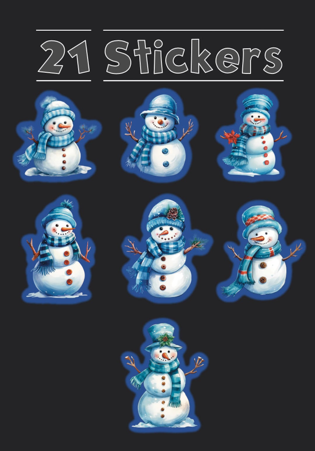 Blue Snowmen Stickers, Set of 24 Stickers, Christmas Stickers, Snowmen ...